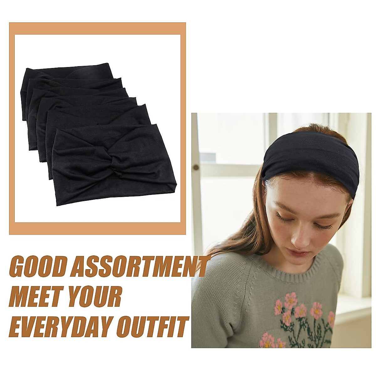 Carede Wide Headbands for Women, Black Turban Headband Stretchy Twisted Head Wraps for Girls Yoga Workout Sports Head Bands For Women's Hair,Pack of 6