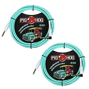 Pig Hog Vintage-Series Woven Instrument Cable (Seafoam Green, 10', Right Angle), (2-Pack)