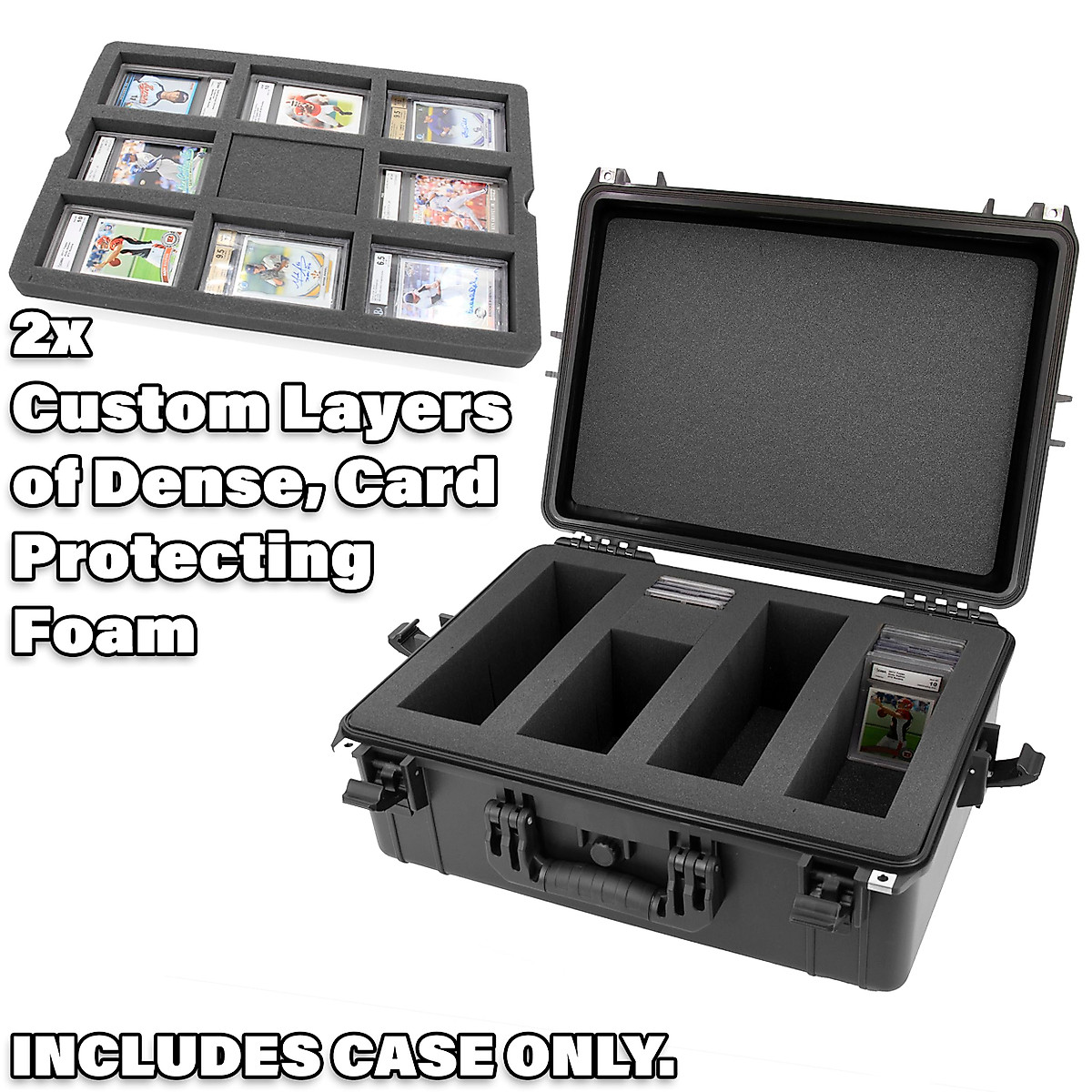 CASEMATIX XL Graded Card Storage Box Fits 160+ BGS PSA Graded Cards, Waterproof Graded Sports Card Display and Trading Card Case With Custom Foam Card Dividers and Removable Graded Card Display