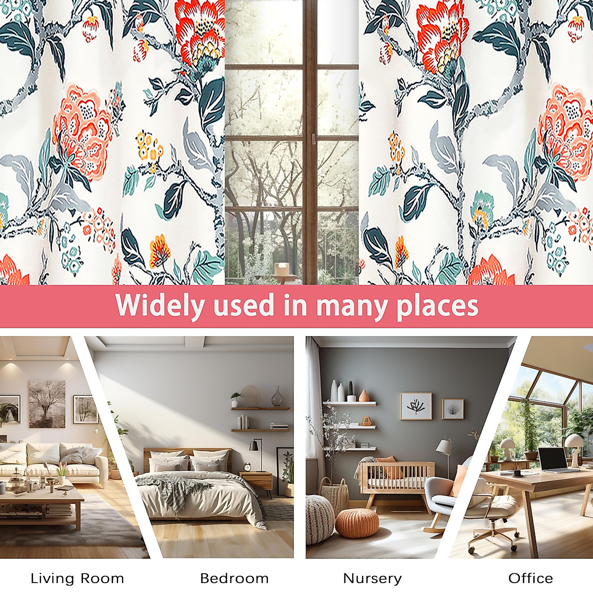 DriftAway Ada Floral Botanical Print Flower Leaf Lined Thermal Insulated Room Darkening Blackout Grommet Window Curtains 2 Layers Set of 2 Panels Each 52 Inch by 84 Inch Ivory Orange Teal