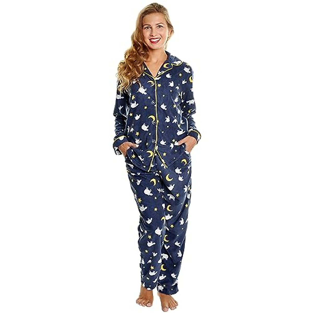 Angelina Women's Pajama Set Cozy Fleece with Notch Collar and Pockets | PJ56_L | Goodnight Sheep