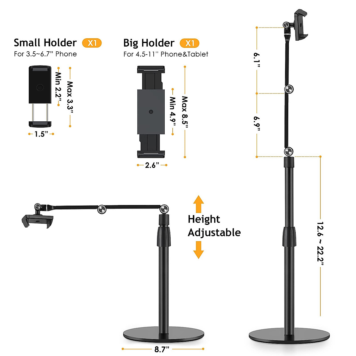 SupeDesk Phone Stand Overhead Recording Stand, Adjustable Cell Phone Holder, Multiangle, 3-Part Adujustable,Horizontal Recording Stand, Compatible with 3.5-11" Phone/iPad Mini/iPhone, Black