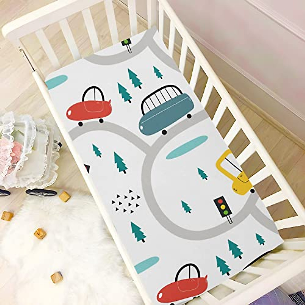 Cartoon Cars Road Crib Sheets for Baby Soft and Breathable Baby Crib Sheets Machine Washable Fitted Crib Sheet for Kid Boy Girl