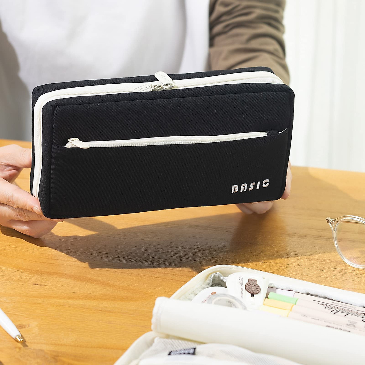 EASTHILL Big Capacity Pencil Case Pencil Pouch School Supplies for College Students Office Simple Stationery Pencil Holder Bag Teen Girls Women-Black