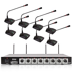 Pyle 8 Channel Wireless Microphone System - Portable VHF Cordless Audio Mic Set with 1/4" and XLR Output, Dual Antenna, - Includes 8 Table Top Mics, Rack Mountable Receiver Base - Pyle PDWM8300,Black