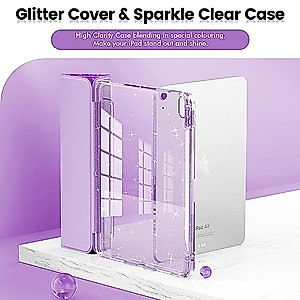 INFILAND Compatible with iPad Air 5th Generation Case 2022, iPad Air 4th Generation Case 2020 10.9 inch, Glitter Leather Cover with Sparkly Crystal Clear Back, Pencil Holder, Anti-Yellowing, Purple
