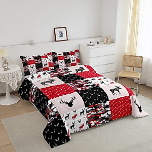 Erosebridal Boys Camo Comforter Set, Deer Silhouette Bedding Set Twin for Kids Teens Adult, Black White Red Camouflage Quilted Comforter Antlers Grid Checkered Down Comforter with 1 Pillow Case