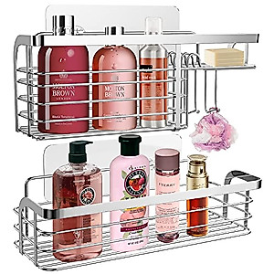 Shower Caddy Adhesive Shower Organizer with Hooks&Soap Holder,No Drilling Stainless Steel Bathroom Organizers,Rustproof Wall-Mounted Shower Shelf for Inside Shower Rack,Bathroom-2 Pack(Silver)