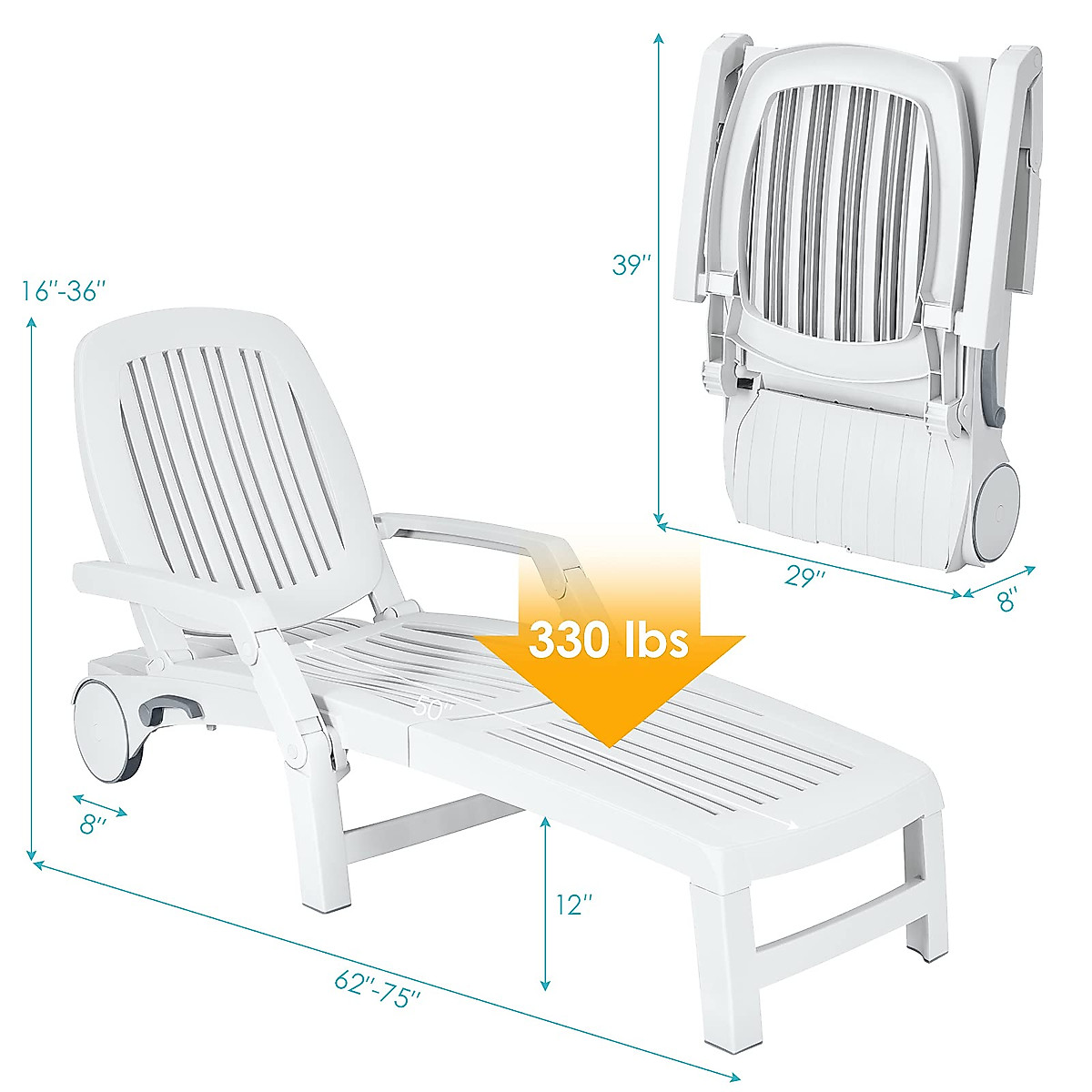 Tangkula Outdoor Chaise Lounge Chair, 5-Position Adjustable Recliner with Storage Box and Flexible Wheels, All-Weather Folding Patio Lounge Chair for Poolside, Beach and Backyard (1, White)
