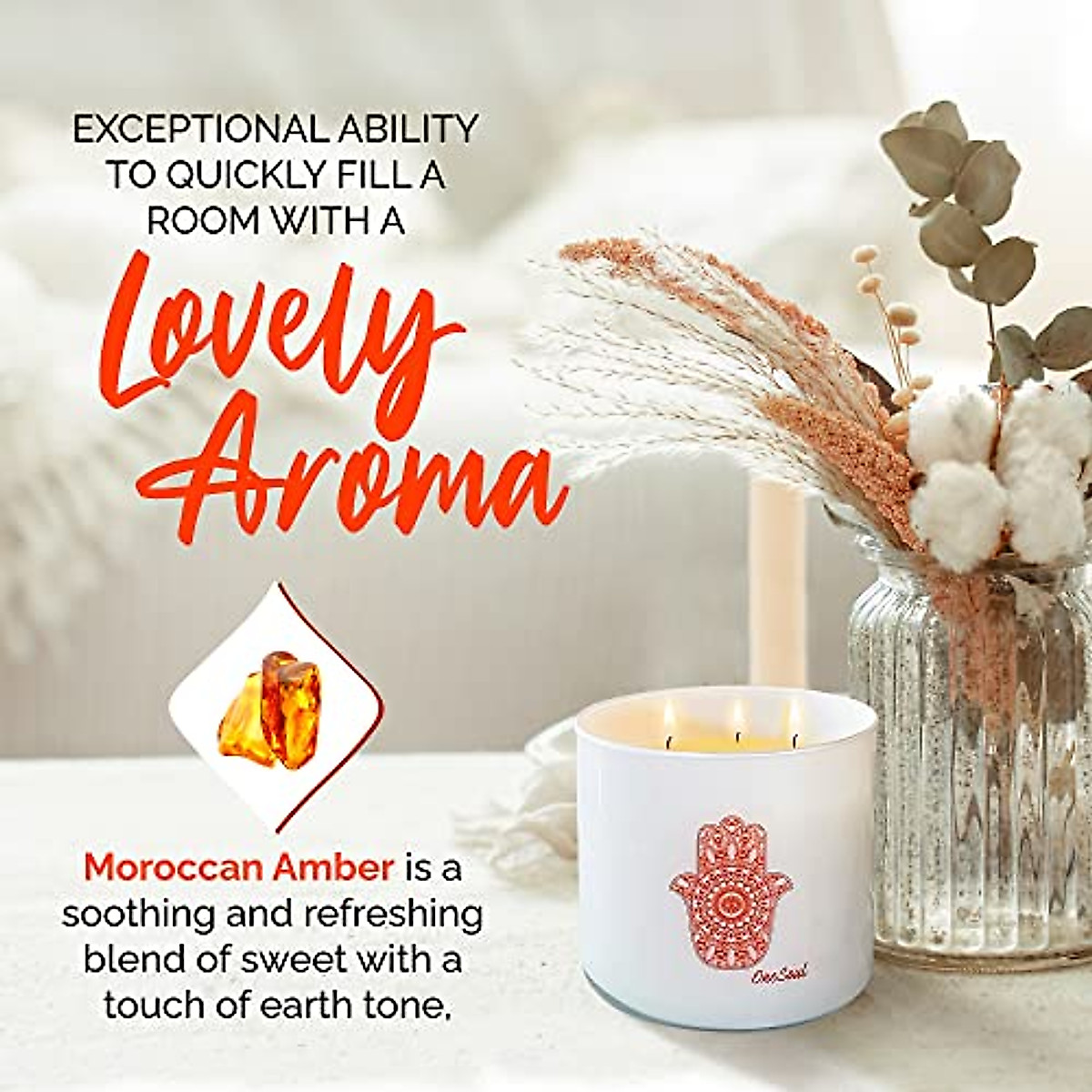 Moroccan Amber Scented Candles with 3 Wicks, Hand-Poured Aromatherapy Candle, Aesthetic Candles with Hamsa Design, Large Candle Made of Palm Wax, 50-Hour Burn Time, 14oz - OneSoul Collection