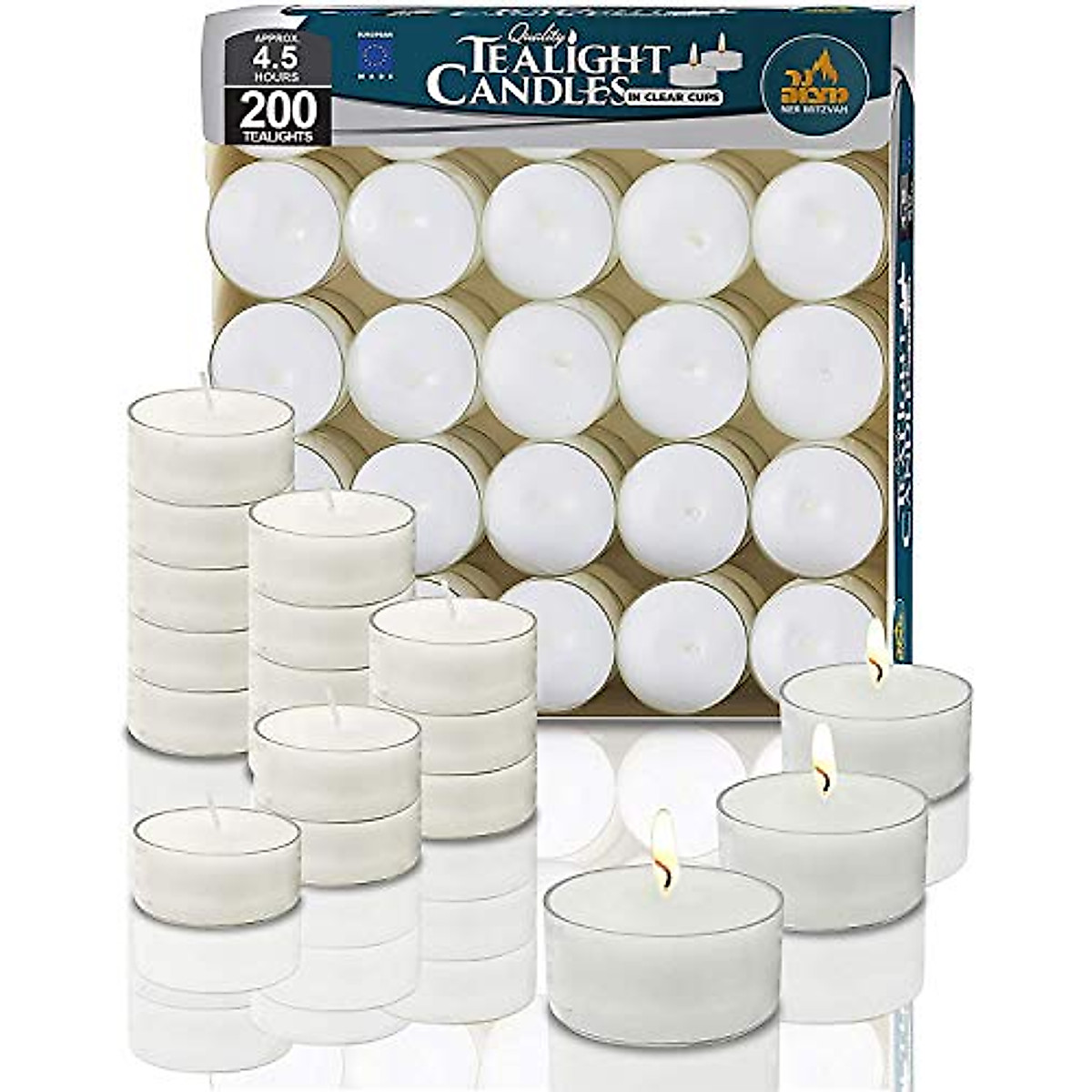 Ner Mitzvah Tea Light Candles - 200 Bulk Pack - White Unscented Tealight Candles in Clear Cup - Long Burning - 4.5 Hour