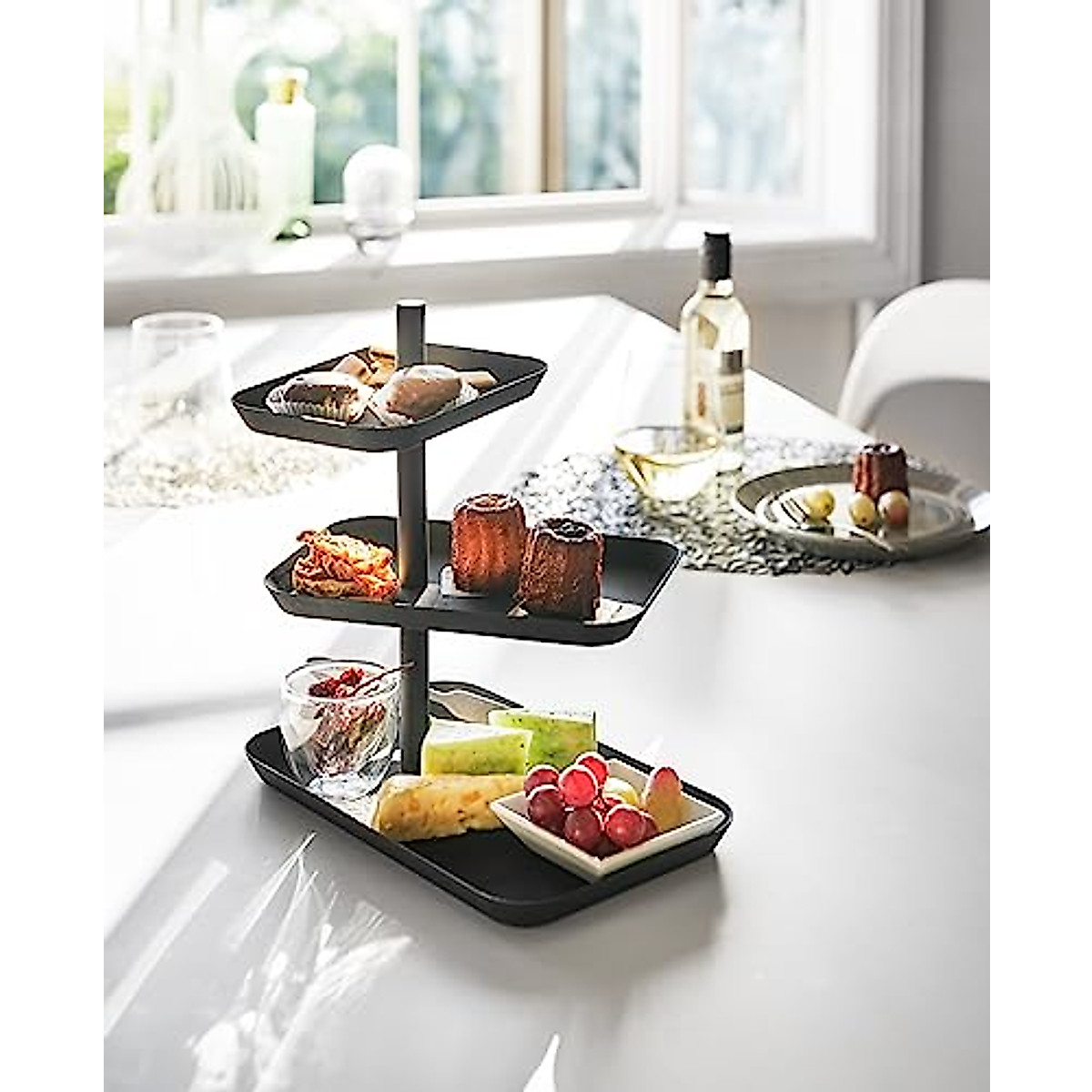 Yamazaki Home 3-Tier Serving Stand - Appetizer Tray Organizer for Party or Kitchen Steel One Size Black
