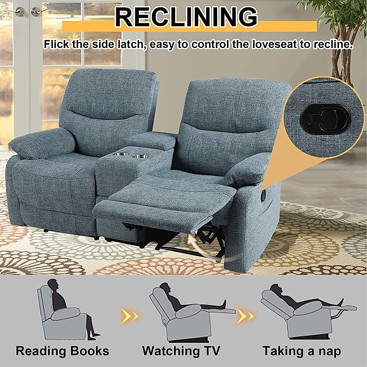 VUYUYU Reclining Sofa, Double Reclining Loveseat with Console, 2 Seater Sofa Home Theater Seating, Fabric Recliner Sofa Couches with Storage and Cup Holders (Blue)