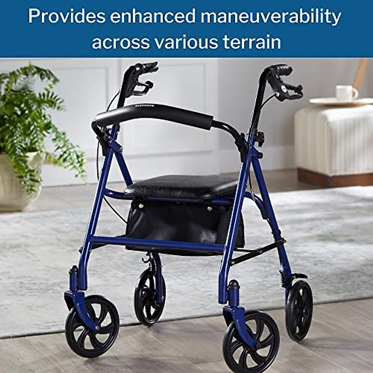 McKesson Rollator Walker with Seat and Wheels, Steel, 300 lbs Weight Capacity, Blue, 1 Count