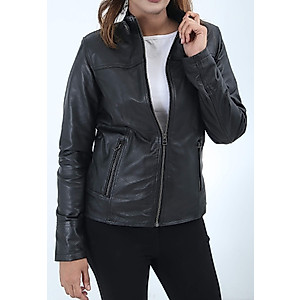Price Right Women Genuine Lambskin Leather Slim Fit Cafe Racer Black Jacket Biker Coat (Black, Large)