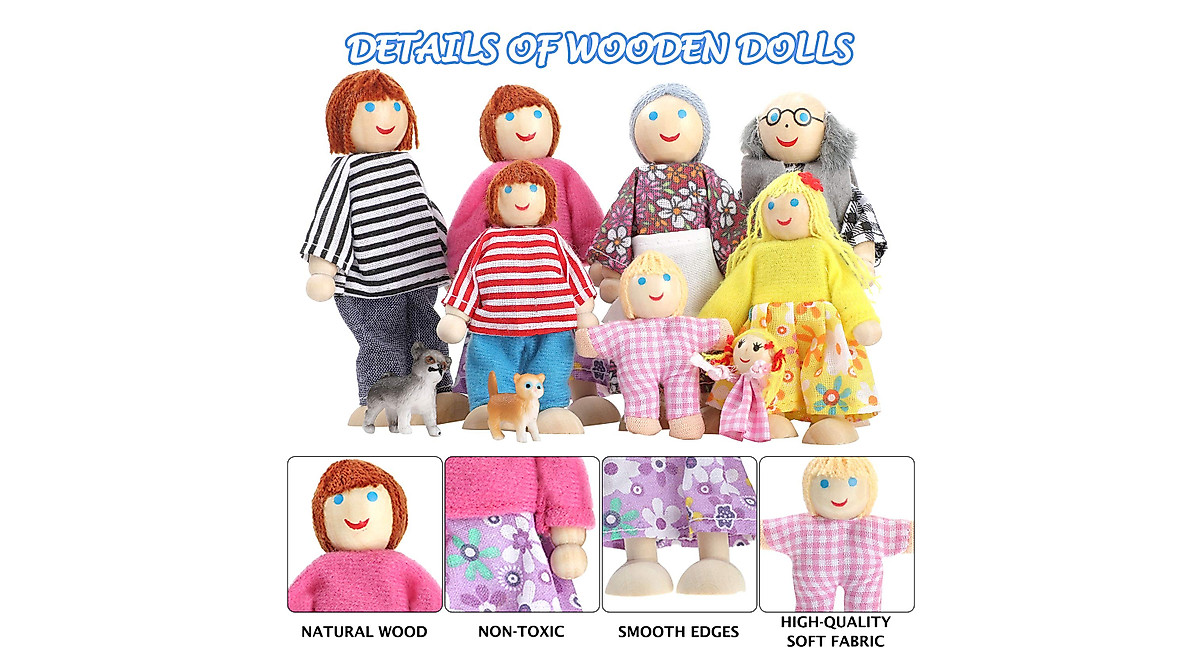 Skylety Wooden Dollhouse Family Set – 10 Mini Figures & Pets