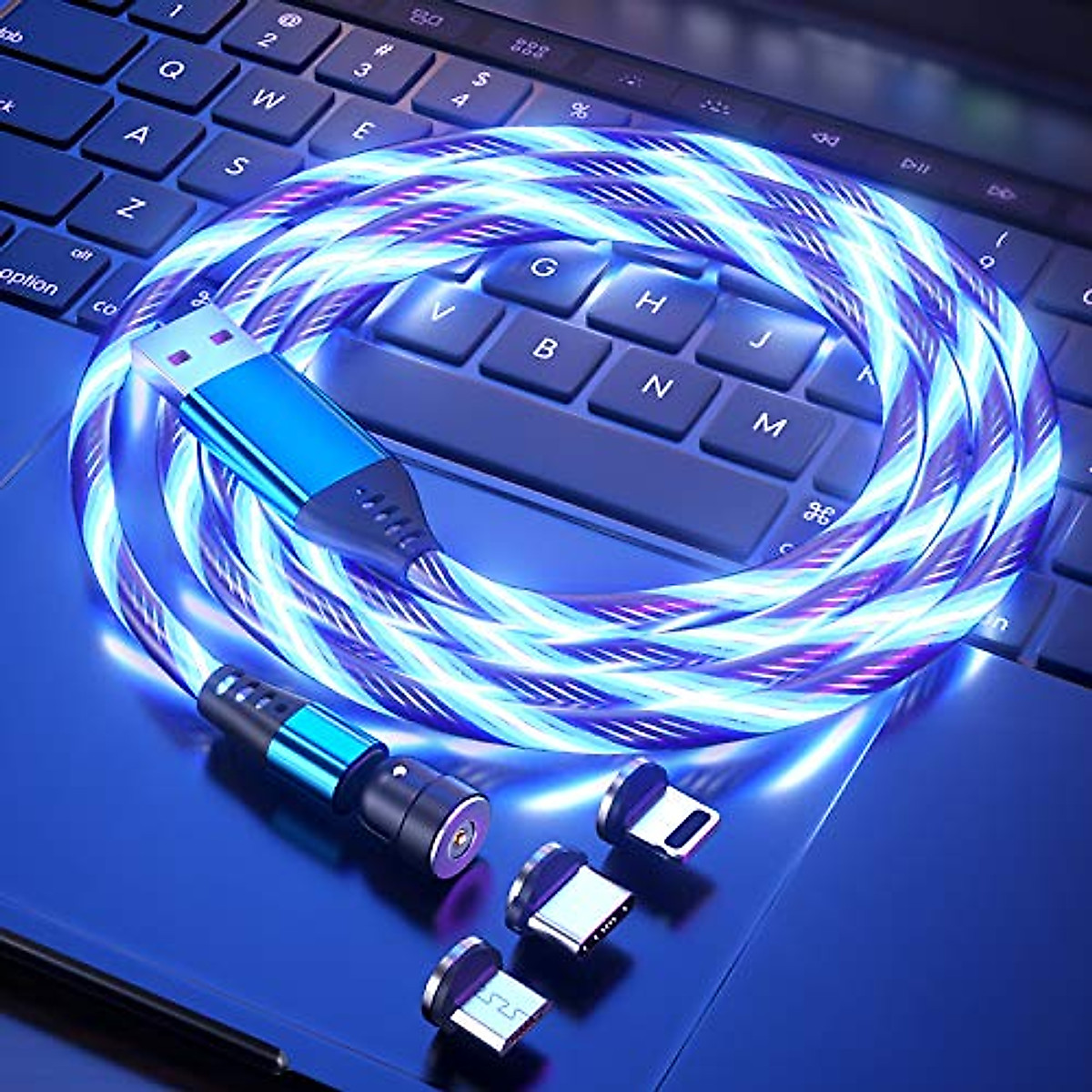 Light Up Phone Charger with Changeable Rotating Magnetic Tips (6.6 Feet / 2 Meters, Multicolored)