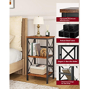 YMYNY 3 Tiers Bookcase, Industrial Metal Bookshelf with Side Fence, Storage Organizer for Living Room, Home Office, Bedroom, Display Racks, Sofa Side Table, Rustic Brown, 29.5*15.75*11.4" UHST008H