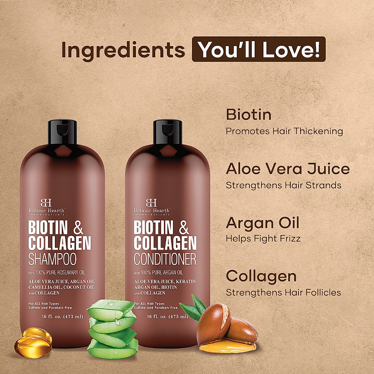 BOTANIC HEARTH Vegan Collagen Biotin Shampoo and Conditioner Set - with Rosemary Oil for Hair Loss and Thinning Hair - Fights Hair Loss, Sulfate Free, for Men and Women, 16 fl oz each