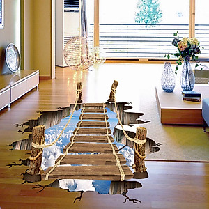 SuperDuo 3D Broken Wall Flame Bridge Home Room Floor Decor Volcano Rope Bridge Art Floor Decals Floor Flame & Lava Mountain Bridge Wallpaper Wall Stickers for Teen Kids Living Room Decor