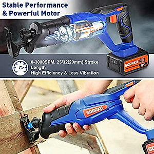 SORAKO Cordless Reciprocating Saw, 20V MAX Battery Power Saw,4.0Ah Battery and Charger, 0-3000 SPM Variable Speed, Battery Powered Saw, 2 Saw Blades for Wood/Metal/PVC