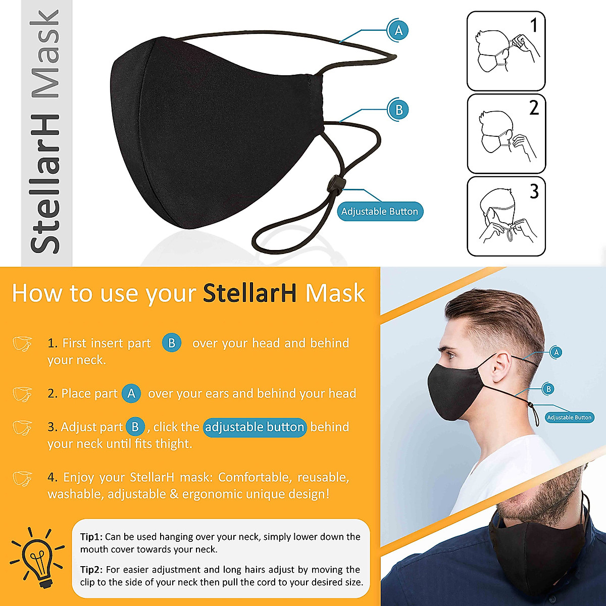 STELLARH Mouth Covers 3 Layers Washable & Reusable Over the Head Comfort No Ear Pulling Comfortable Handmade (3 Pack XL)