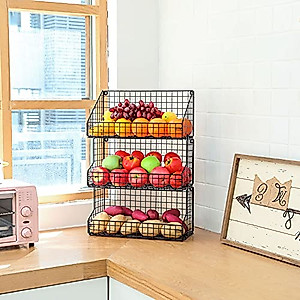 3 Tier Stackable Tea Bag Organizer with 3 Divinder 5 Hooks Metal Wire Basket Snack Rack Holder Countertop Caddy Bin Wall Mount Shelf for Office Kitchen Cabinet Pantry Patent Pending