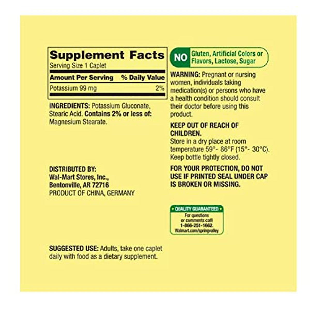 Spring - Valley Potassium Caplets 99 mg - 250 Pack of 2 for Caplets for Heart Nerve and Muscle Function