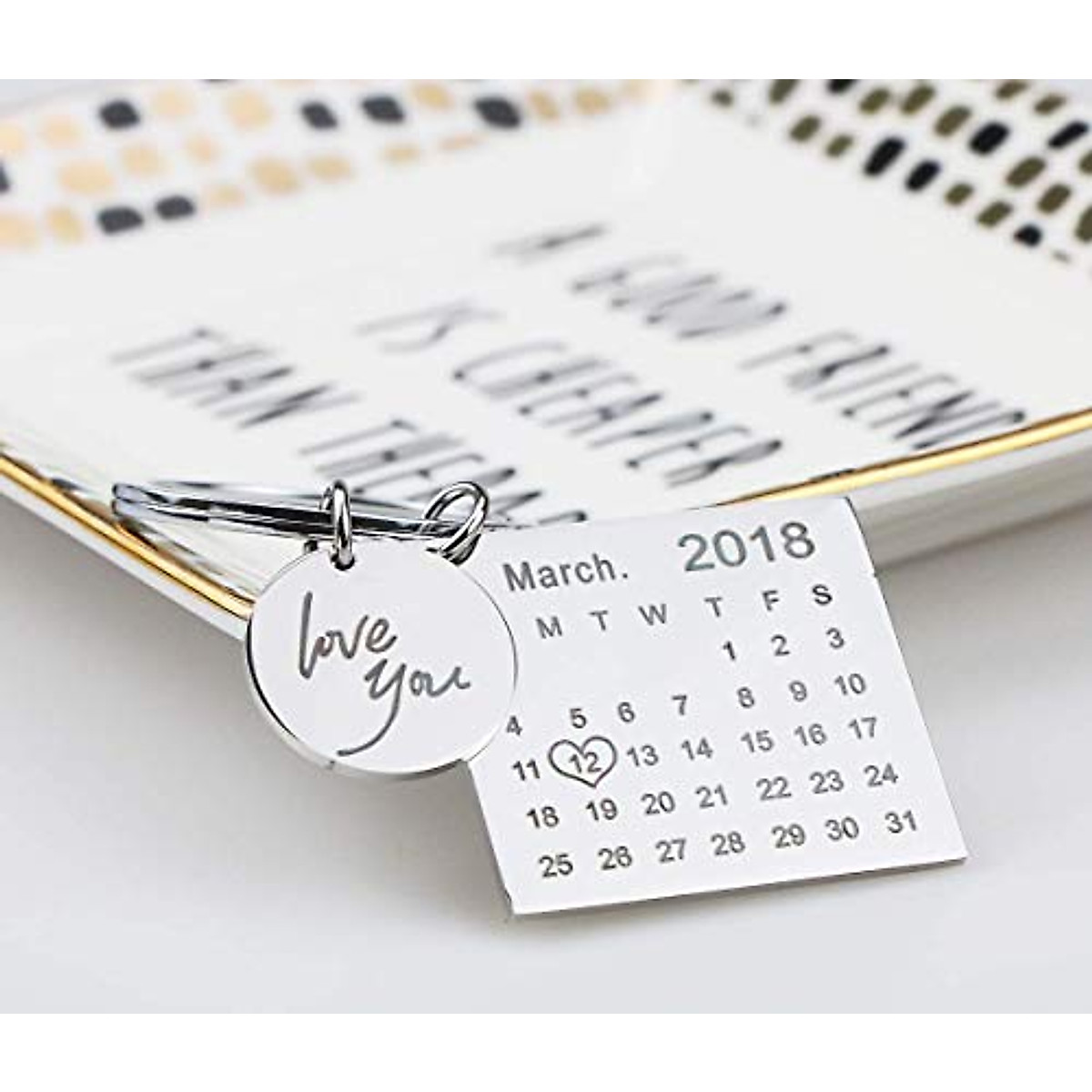 onlylove-handmade Personalized Engraved Calendar Date Keychain Custom Message Stainless Steel Keyring Memorial Keepsake Gift for Anniversary (Silver)