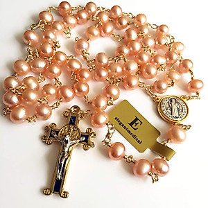 elegantmedical Pink 8mm Real Pearl BEADS St. Benedict GOLD ROSARY CROSS Necklace & box Catholic GIFTS