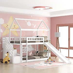 Twin Over Twin Bunk Bed for Kids Toddlers, House Bunk Bed Farm with Storage Steps and Slide Ladder Roof Guardrail for Girls/Boys, No Spring Box Required (White--Wood)