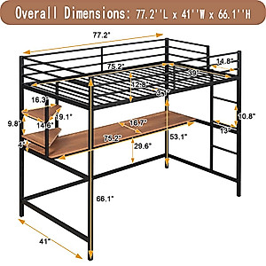 Anwick Twin Size Metal Loft Bed with Desk & Shelf, Metal Structure Bedframe w/Safety Guardrail, for Dorm, Bedroom, Guest Room, No Box Spring Needed (Twin, Black)