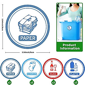 Recycling and Trash Can Sorting Sticker 3.5 x 3.5 inch Adhesive Recycle garbage Decal Waterproof Re Adjustable Recycle Sticker Waste Sorting Recycling Sticker Sign for Trash Can (12 Pieces)
