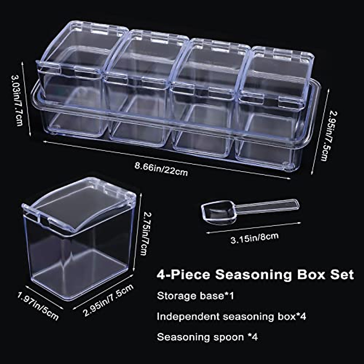 SHAIDOJIO Clear Seasoning Box, 4 Piece Seasoning Rack Spice Pots, Plastic Storage Container Condiment Jars with Lids and Spoon, Kitchen Organization Containers for Spice, Salt, Sugar, Cruet