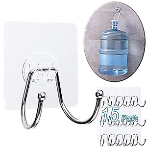 CenterZ 15 Pack Large Double Adhesive Wall Hooks, Damage-Free Waterproof 33 Ib Max Heavy Duty Hanging Clear Seamless Sticky Utility Hooks, Towel Coats Hats Clothes Nail Free Hangers (Twin Round Head)