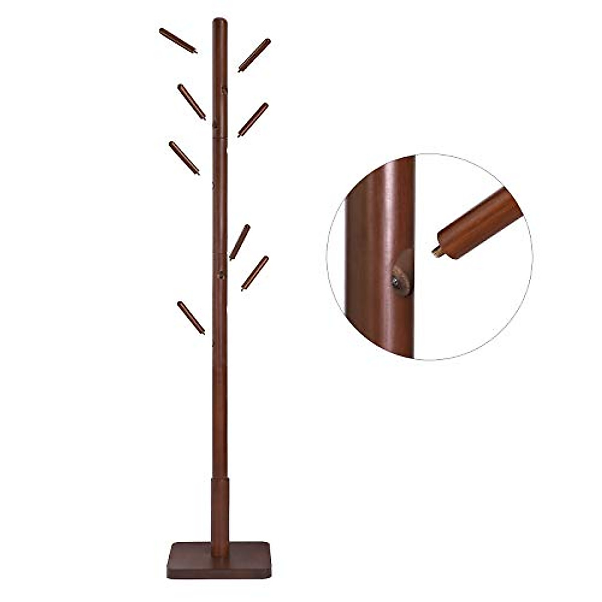 VASAGLE Solid Wood Coat Rack, Free Standing Hall Coat Tree with 8 Hooks, 3 Height Options, for Coats, Hats, Bags, Purses, for Entryway, Hallway, Rubberwood Hooks and Pole, Dark Walnut URCR010W01