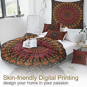 Sleepwish 4pcs Bohemian Duvet Cover Set Full Size for Kids Boys Girls Soft Paisley Black Orange Mandala Bedding Set, 1 Duvet Cover 2 Pillowcases 1 Cushion Cover