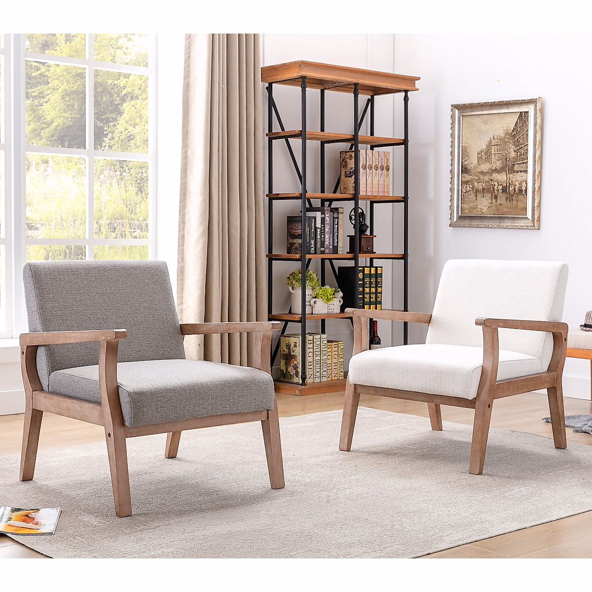 BESTANO Mid Century Modern Accent Chair, Linen Upholstered Living Room Accent Armchair with Wood Frame, Farmhouse Chair Indoor Corner Chair for Living Room Bedroom, Ivory