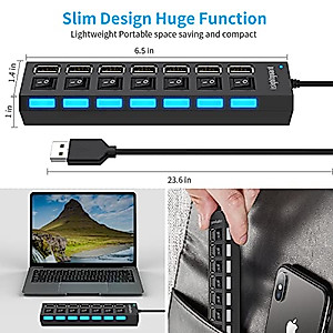 Multi Port USB Splitter, 7 in 1 USB Port 2.0 Hub with High Speed Individual ON/Off Switches and LEDs USB Port Expander (7-Port USB)