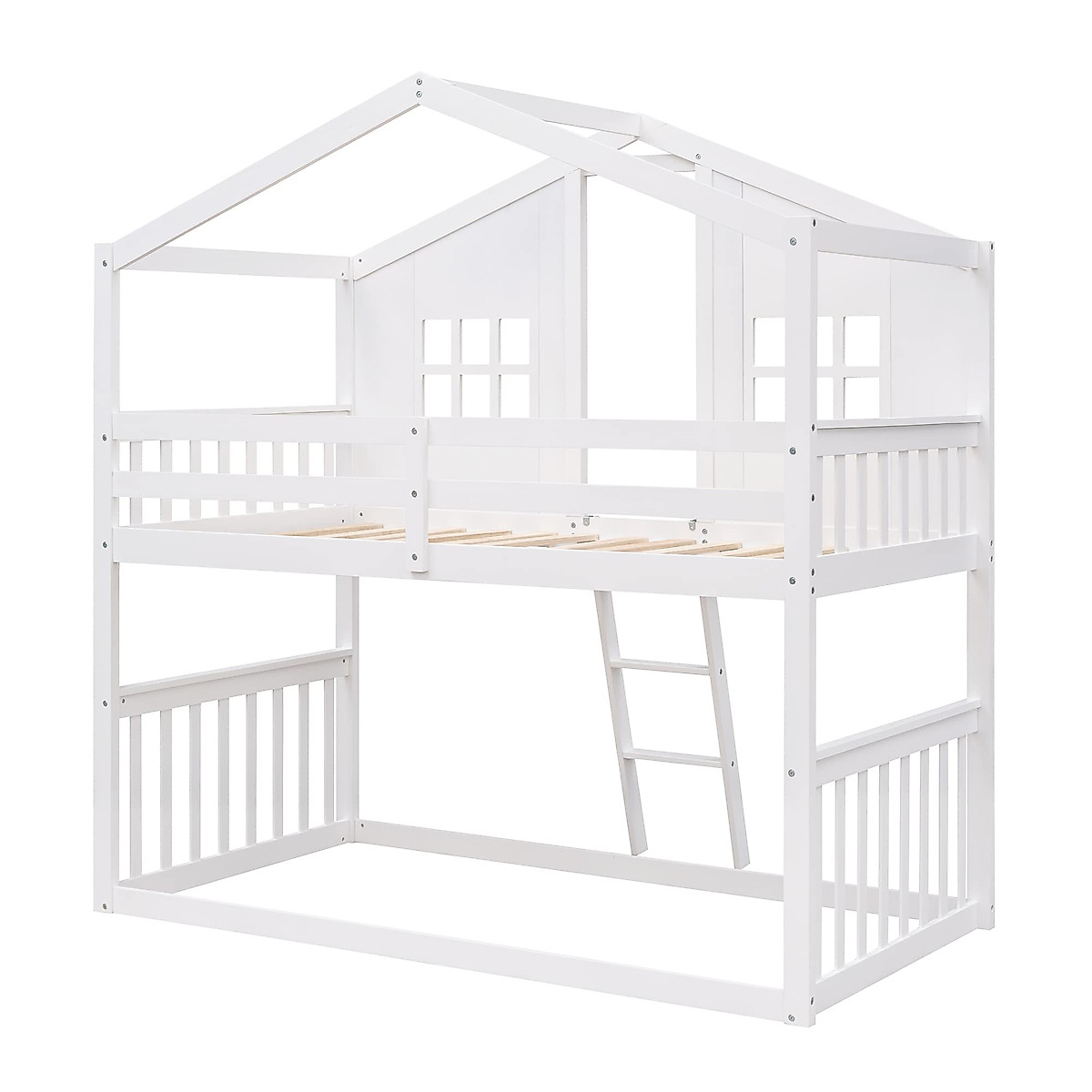 Harper & Bright Designs House Bunk Beds, Twin Over Twin Bunk Bed with Roof, Ladder and Windows, Floor Bunk Bed, Low Bunk Loft Bed for Kids Teens Boys & Girls, White