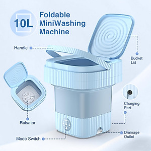 Portable Washing Machine, 10L Mini Washing Machine for Camping, 3 Modes Foldable Mini Washer Deep Cleaning Baby Clothes Underwears Socks Towels for RV Travel Dorm Apartment Laundry