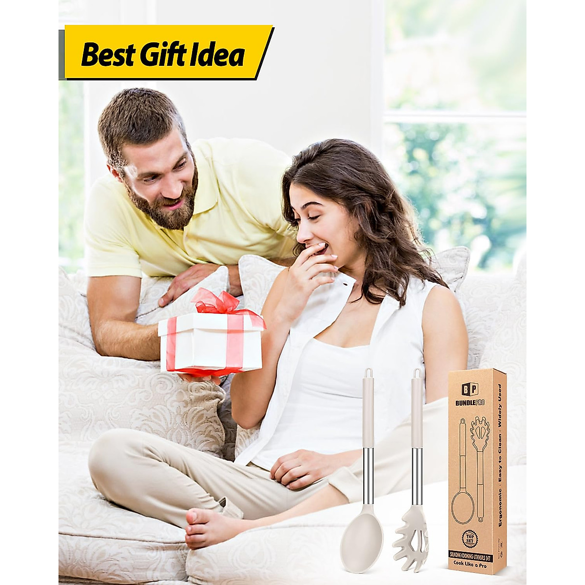 Silicone Pasta Fork and Cooking Spoon Set, Non Stick Kitchen Utensils for Cooking,Stirring,Serving Spaghetti, Soup, Sauce (KHAKI)