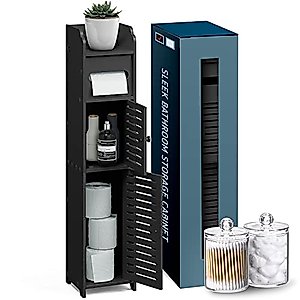 nestl Small Bathroom Storage Cabinet with 2 Doors & 3 Shelves, Toilet Paper Storage Stand, Narrow Bathroom Organizer for Towel Storage & Toilet Paper Holder - Corner Bathroom Floor Cabinet - Black