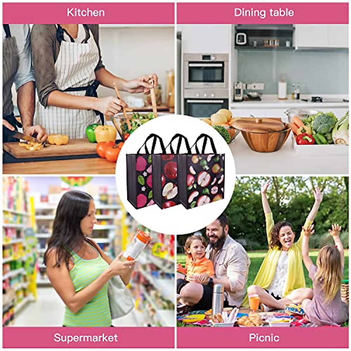 CHENGBAI TOTE 6 Pack Reusable Grocery Bags, Large Heavy-duty Shopping Bag with Sturdy Handles, Multi-Purpose Portable Shopper Bag for Groceries, Supermarket, Picnic, Fashion & Waterproof (bear 55LBS)