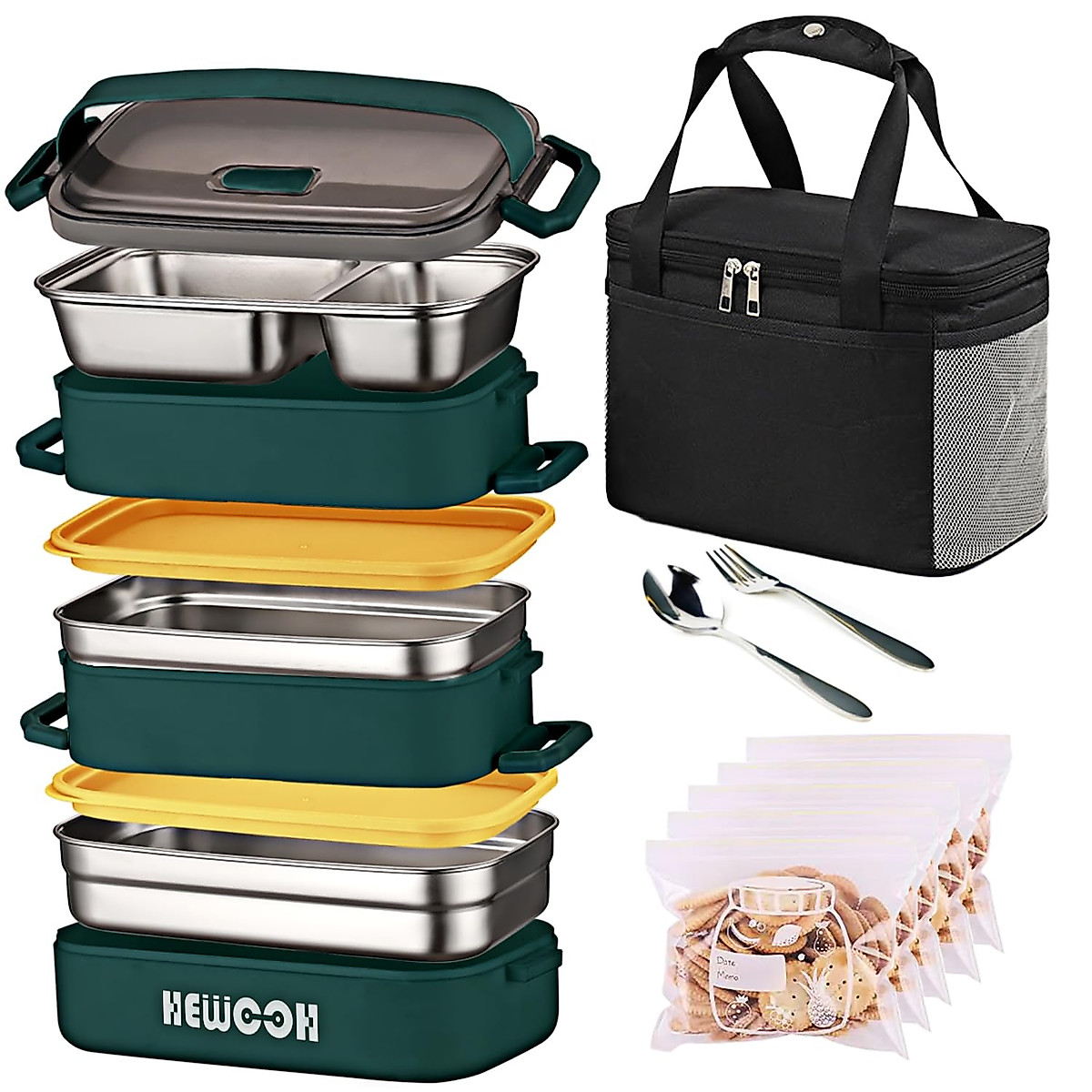 HEWOOH Bento Box Adult Lunch Box (74 Oz Large Capacity), Reusable, Including Lunch Bag, Fork And Spoon, 3 Dividers, Suitable For Work, School, Picnic, Dishwasher And Microwave Safe. （Green）