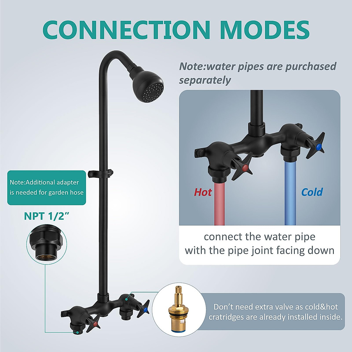 Aolemi Outdoor Shower Kit,Outdoor Shower Fixtures Faucet System with High Pressure Showerhead,2-Handle Exposed Shower with Brass Mix Valve,6 Inch Center,without Soap Dish Matte Black