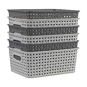 Ponpong Plastic Weave Shelf Basket, Plastic Rattan Storage Bins, 6 Packs