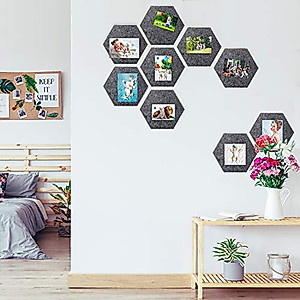 10 Packs Pin Board Hexagon Felt Board Tiles Bulletin Board Memo Board with 20 Pieces Push Pins, Decoration for Home Office Classroom Wall (Dark Gray, 5.9 x 7 Inches/ 15 x 17.7 cm)