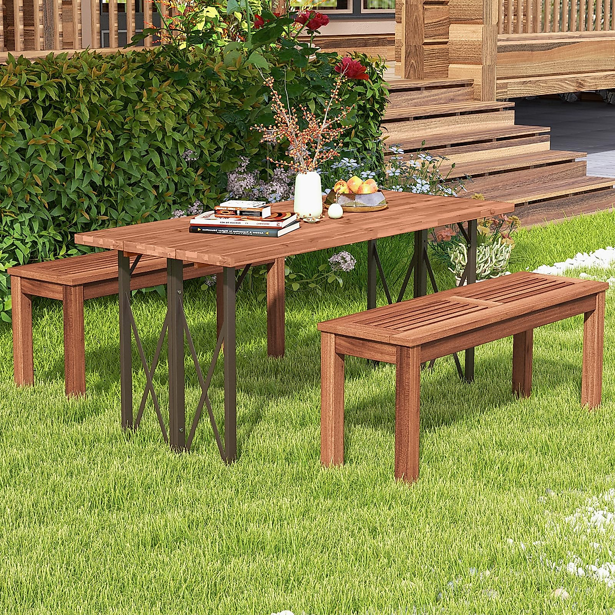 SPORFIT Wooden Outdoor Bench, 2-Seater Backless Garden Bench, Solid Weatherproof Wood Frame for Outdoors, 39.5” Long Slatted Patio Bench for Entryway, Porch, Backyard, Lawn, Natural