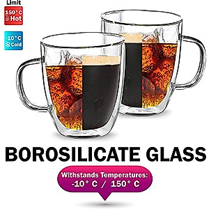 Glass Coffee Mugs 4 packs Large Clear Coffee Mug 350Ml Double Wall Tea Cup with Handle Glass Mugs Double Wall Insulated Glass Coffee Mugs Latte Cappuccino Heat Resistant Dishwasher